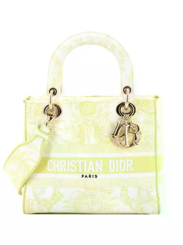 Dior Lady D-lite Bag Embroidered Canvas Medium Satchel - Yellow