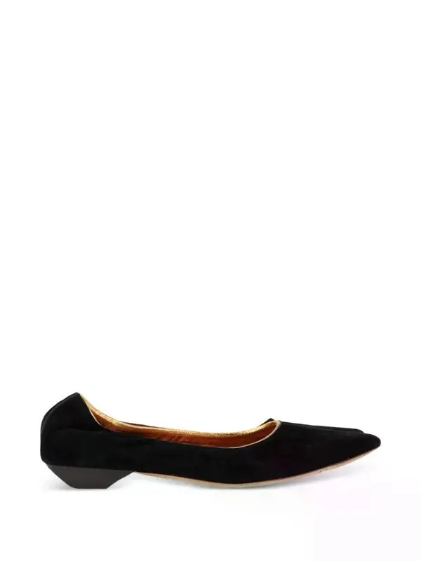 LANVIN Suede Pointed Toe Flat Pumps With Gold Tone Trim