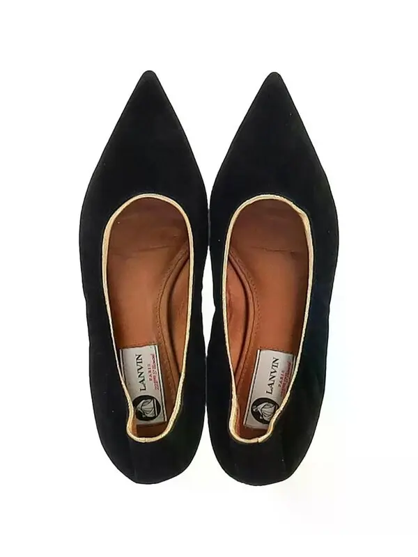 LANVIN Suede Pointed Toe Flat Pumps With Gold Tone Trim