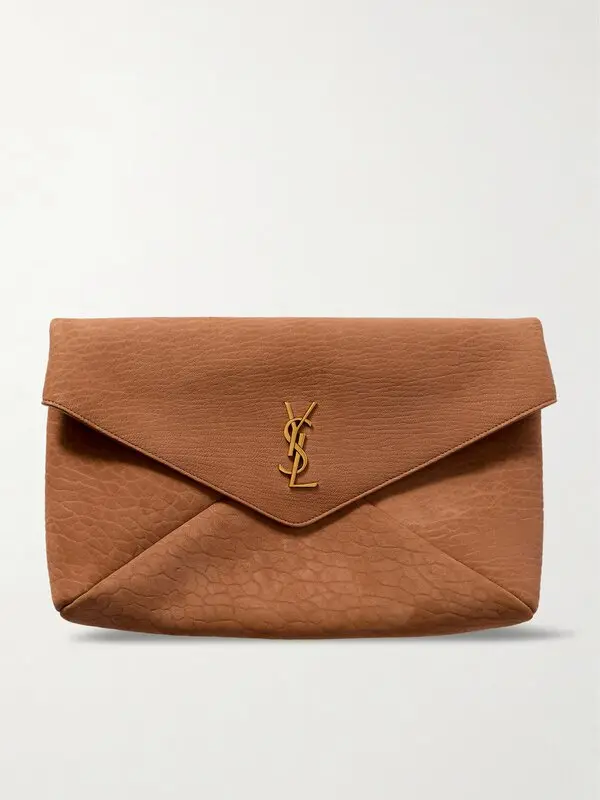 Saint Laurent Cassandre Large Textured-nubuck Clutch - Neutrals