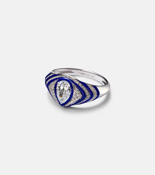 KAMYEN Striped Pear 18kt White Gold And Enamel Pinky Ring With Diamonds - Silver