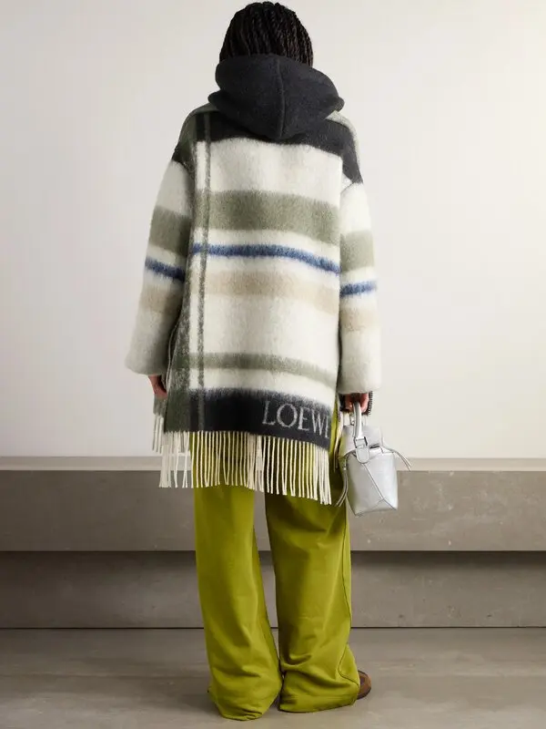 Loewe Hooded Fringed Scarf-detailed Striped Wool-blend Coat