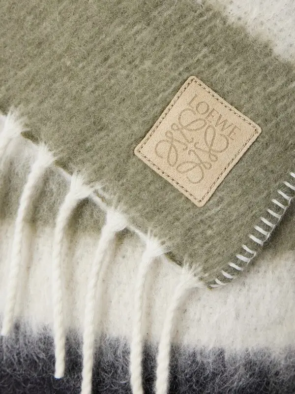 Loewe Hooded Fringed Scarf-detailed Striped Wool-blend Coat