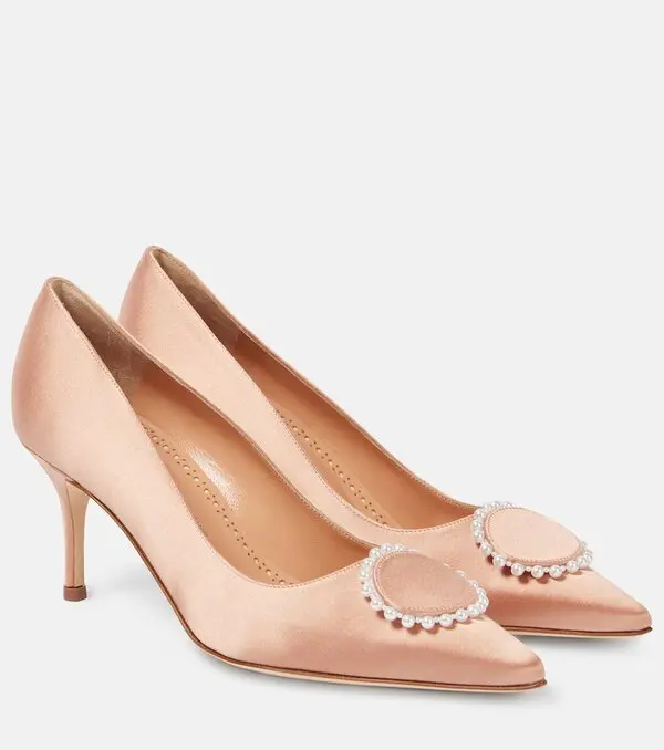 Manolo Blahnik Embellished Satin Pumps - Beige