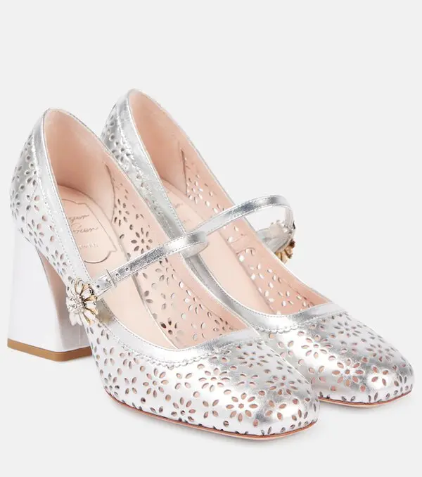 ROGER VIVIER Tres Vivier Metallic Leather Mary Jane Pumps - Silver