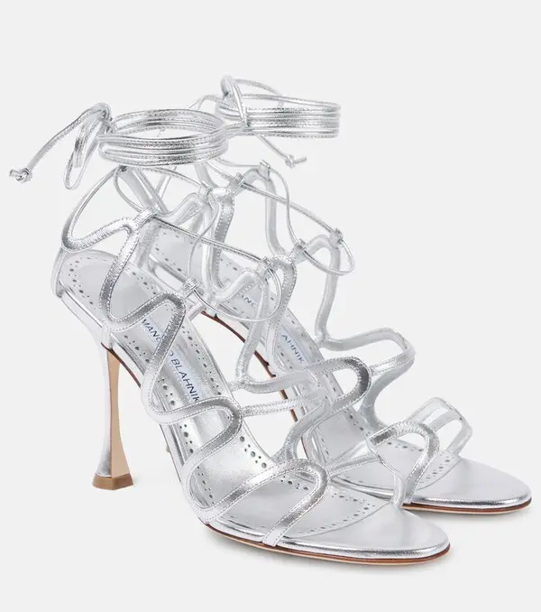 Manolo Blahnik Fawda 105 Metallic Leather Sandals - Silver
