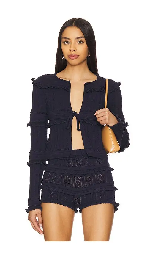 Majorelle Ribbed Knit Cardigan With Ruffle Trim