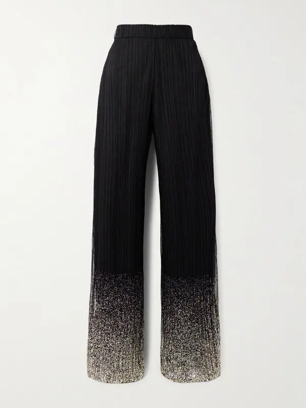 DIMA AYAD Metallic Plissé-tulle Wide-leg Trousers - Black
