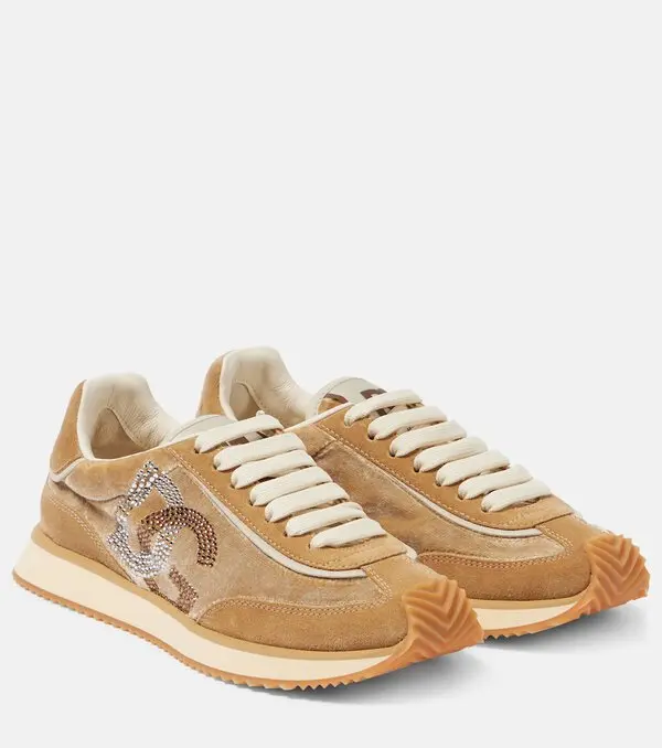 Dolce & Gabbana Dg Embellished Velvet & Suede Lace-up Sneakers - Brown