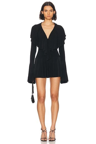 Norma Kamali Long Sleeve Deep V Ruffle Mini Dress - Black