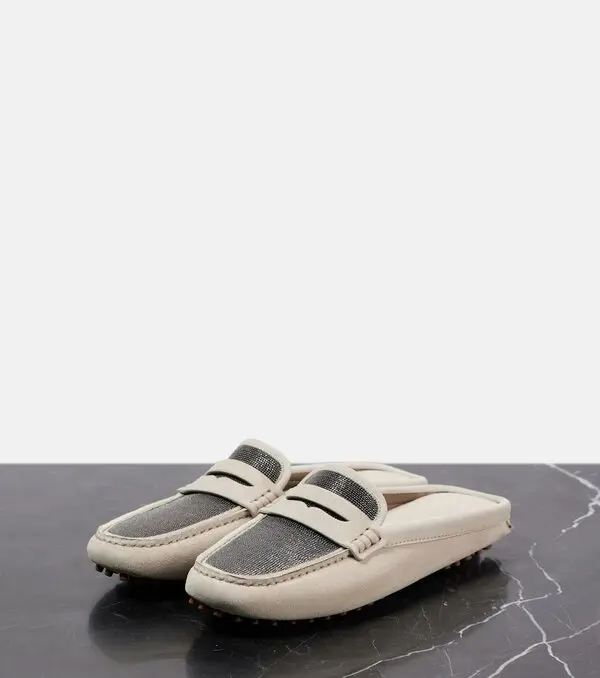 Brunello Cucinelli Monili Suede Driving Mules - Beige