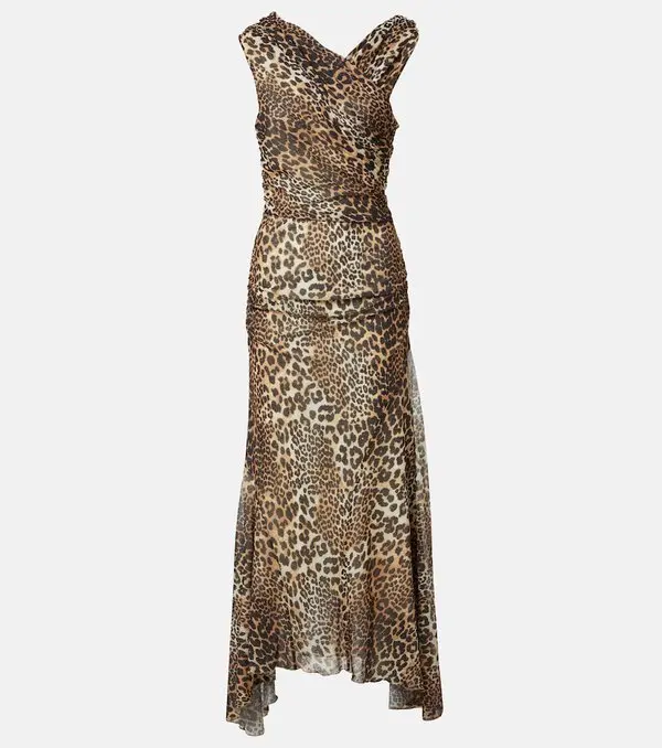 GANNI Ruched Leopard-print Mesh Maxi Dress - Multicoloured