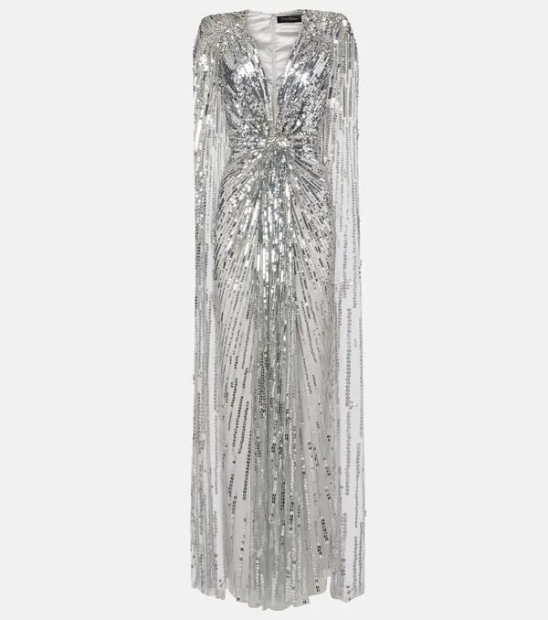 Jenny Packham Sequined Cape Effect Gown - Silver