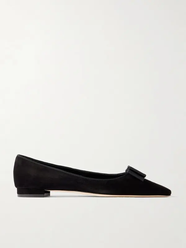 Manolo Blahnik Reador Suede Point-toe Flats With Bow Detailing - Black