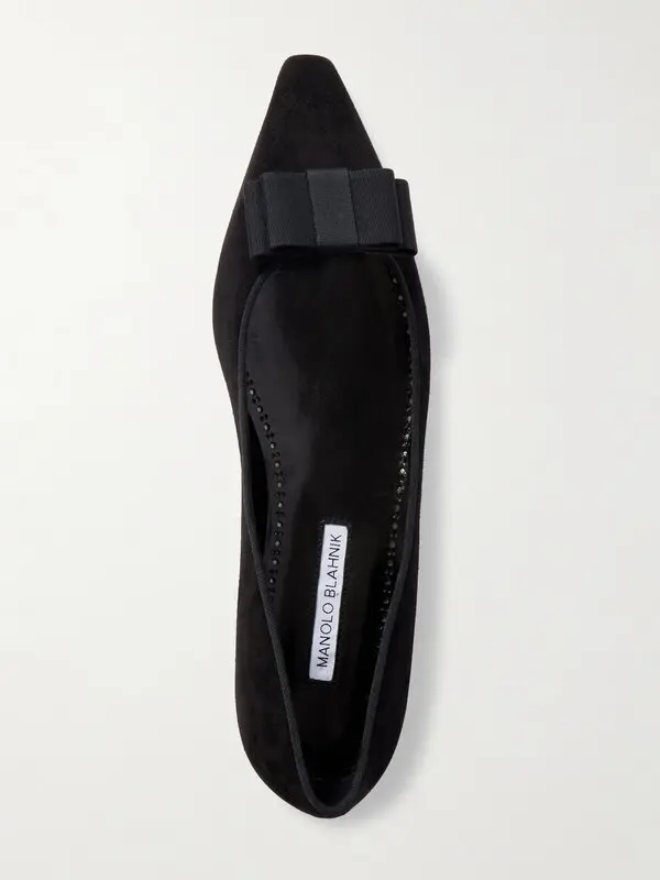 Manolo Blahnik Reador Suede Point-toe Flats With Bow Detailing - Black