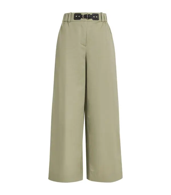 Maje Organic Cotton-blend Wide-leg Trousers With Faux Leather Accent