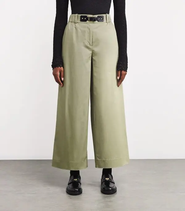 Maje Organic Cotton-blend Wide-leg Trousers With Faux Leather Accent
