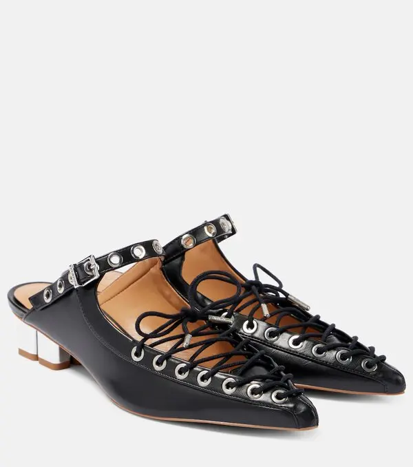 GANNI Faux Leather Pointed Toe Lace-up Mules - Black