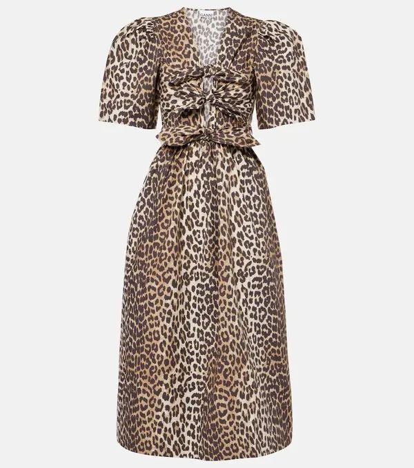 GANNI Leopard Print Cotton Midi Dress - Multicoloured