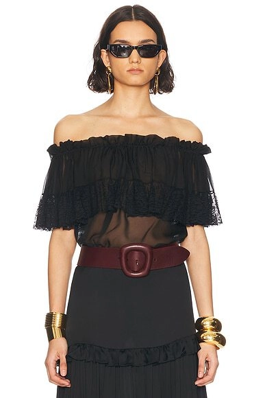 Saint Laurent Off The Shoulder Ruffle Blouse - Noir