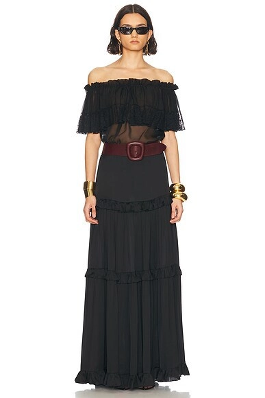 Saint Laurent Off The Shoulder Ruffle Blouse - Noir