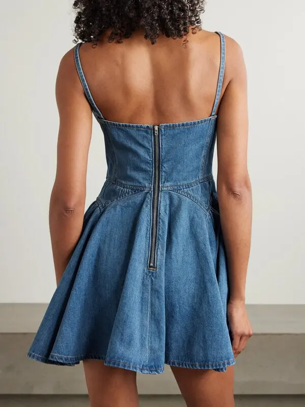 SELF-PORTRAIT Embellished Paneled Denim Mini Dress