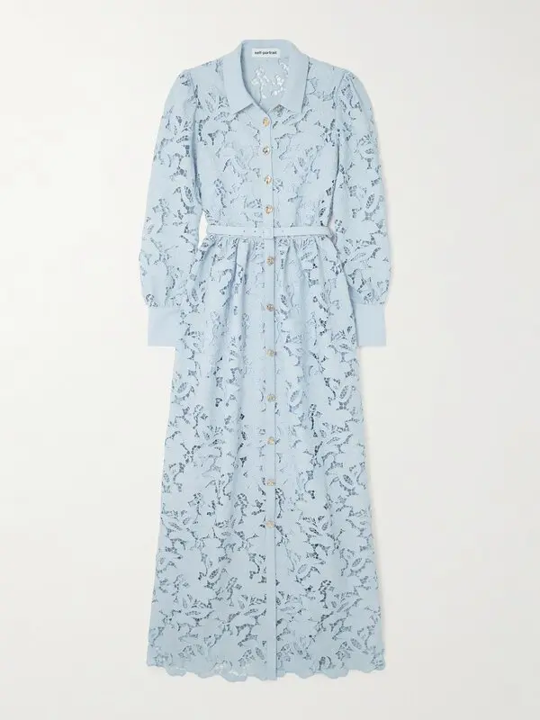 SELF-PORTRAIT Belted Corded Lace Maxi Dress - Blue