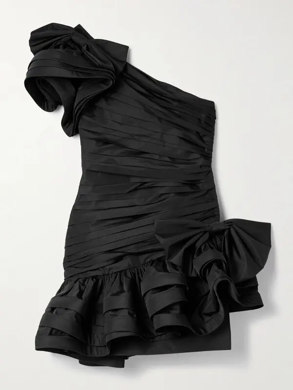 Alessandra Rich One-shoulder Bow-embellished Ruched Taffeta Mini Dress - Black
