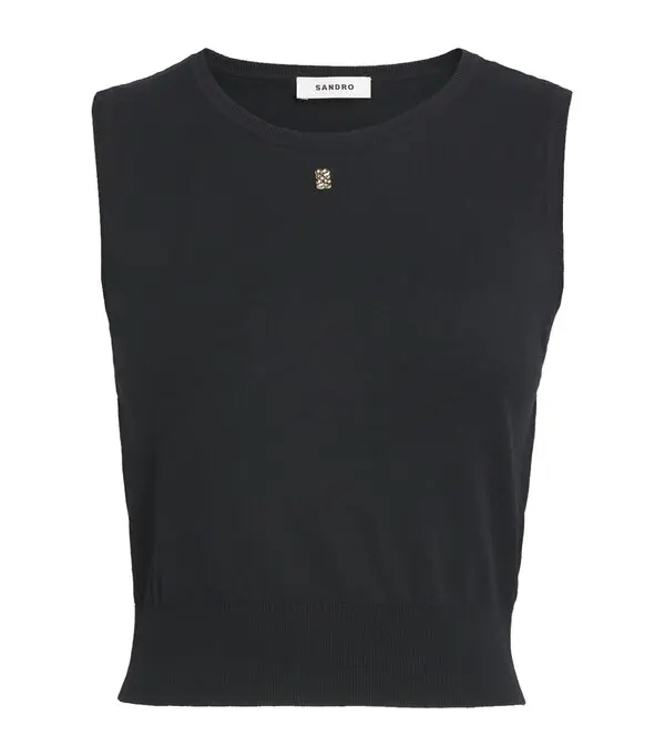 Sandro Cotton-blend Ribbed Tank Top With Gold-tone Logo Embellishment - Black