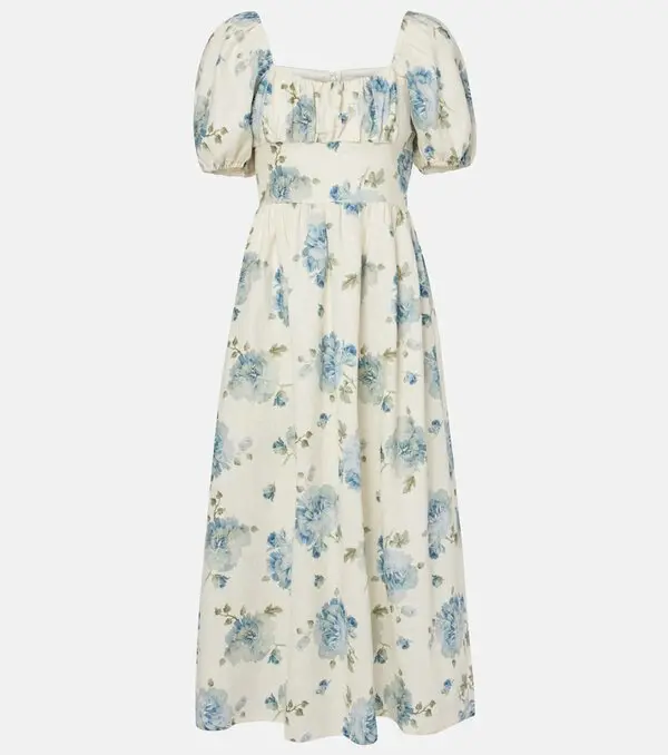 Faithfull The Brand Dalia Floral Linen Midi Dress - Blue