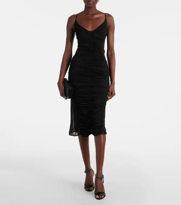 MUGLER Ruched Mesh Midi Dress