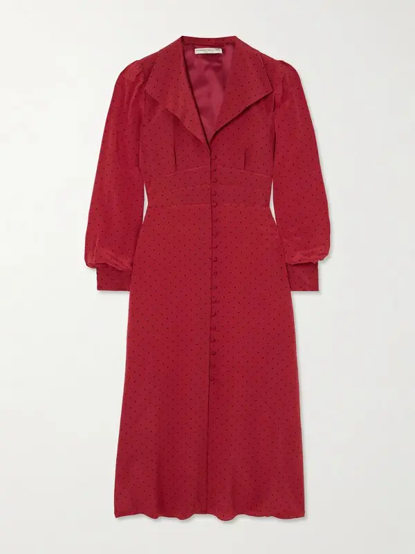 Alessandra Rich Polka-dot Silk-crepe De Chine Midi Shirt Dress - Red