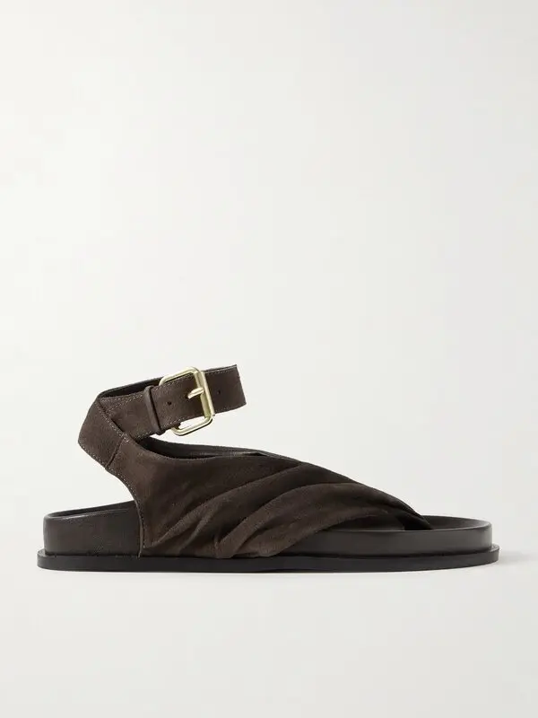 A.emery Maneti Ruched Suede And Leather Sandals With Gold-tone Buckle - Gray