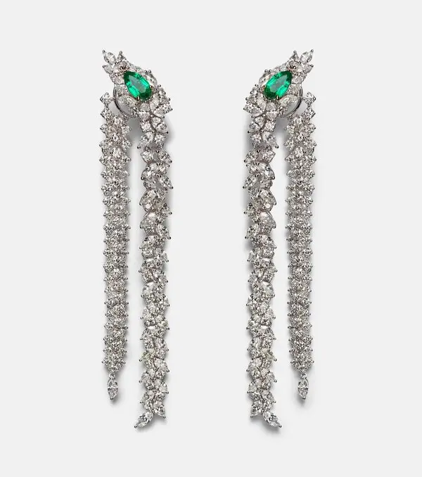 Yeprem Reign Supreme 18kt White Gold Diamond And Emerald Drop Earrings - Silver