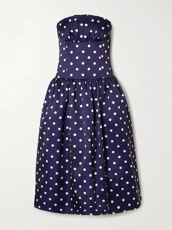 SELF-PORTRAIT Strapless Polka-dot Satin Midi Dress - Blue