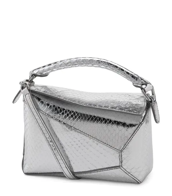 Loewe Mini Python Skin Puzzle Edge Top-handle Bag - Silver
