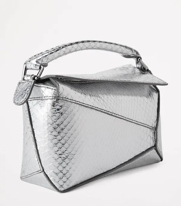 Loewe Mini Python Skin Puzzle Edge Top-handle Bag - Silver