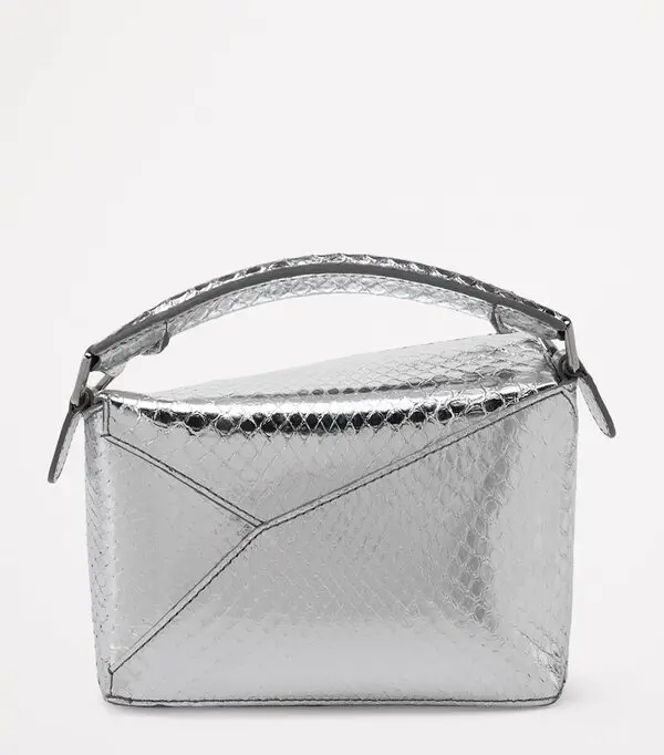 Loewe Mini Python Skin Puzzle Edge Top-handle Bag - Silver