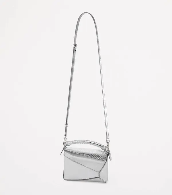 Loewe Mini Python Skin Puzzle Edge Top-handle Bag - Silver