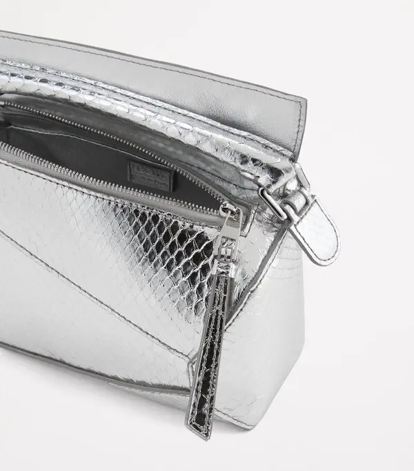 Loewe Mini Python Skin Puzzle Edge Top-handle Bag - Silver