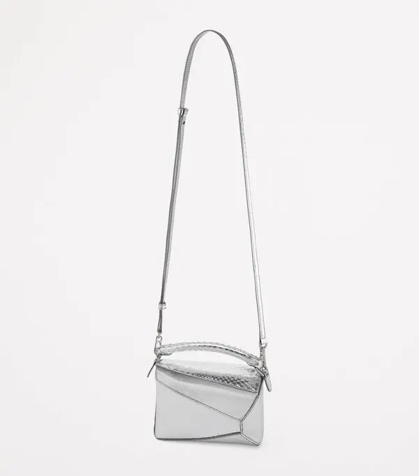 Loewe Mini Python Skin Puzzle Edge Top-handle Bag - Silver