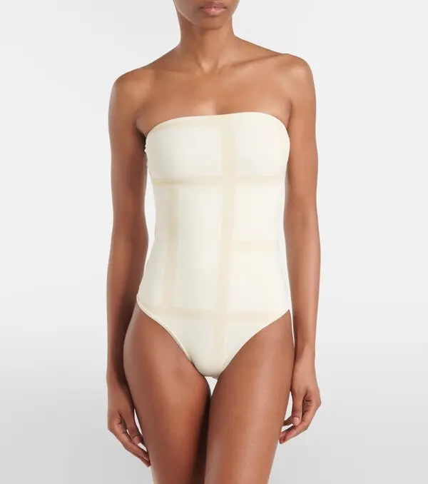 TOTEME Monogram Strapless Jersey Swimsuit - White