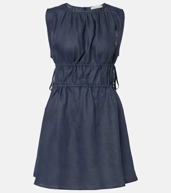 Asceno Como Gathered Linen Minidress - Blue