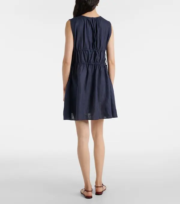 Asceno Como Gathered Linen Minidress - Blue