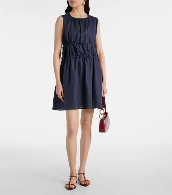 Asceno Como Gathered Linen Minidress - Blue