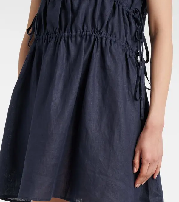 Asceno Como Gathered Linen Minidress - Blue