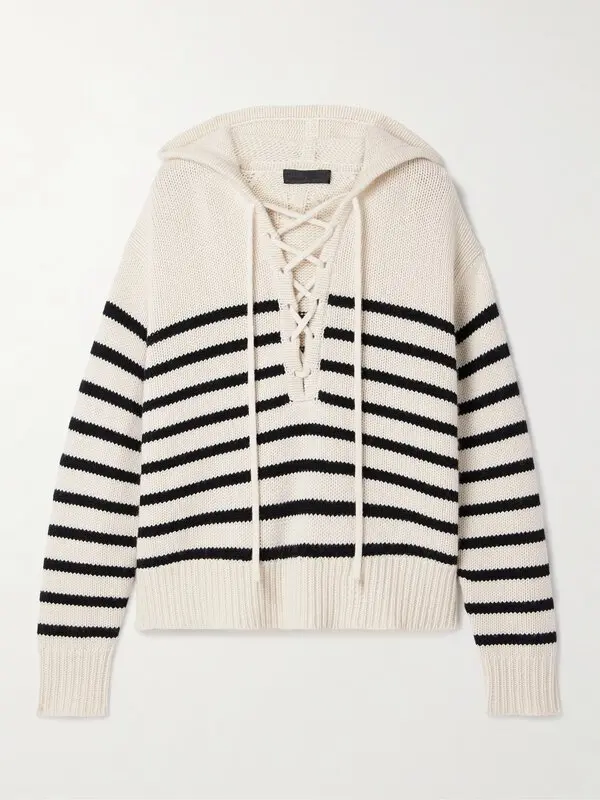NILI LOTAN Noemi Lace-up Striped Cashmere Hoodie - Neutrals