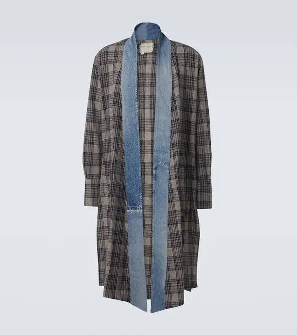 GREG LAUREN Plaid Denim-trimmed Cotton Coat