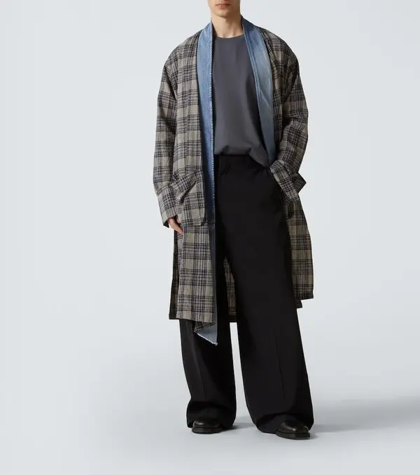 GREG LAUREN Plaid Denim-trimmed Cotton Coat