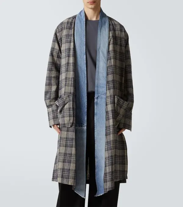 GREG LAUREN Plaid Denim-trimmed Cotton Coat